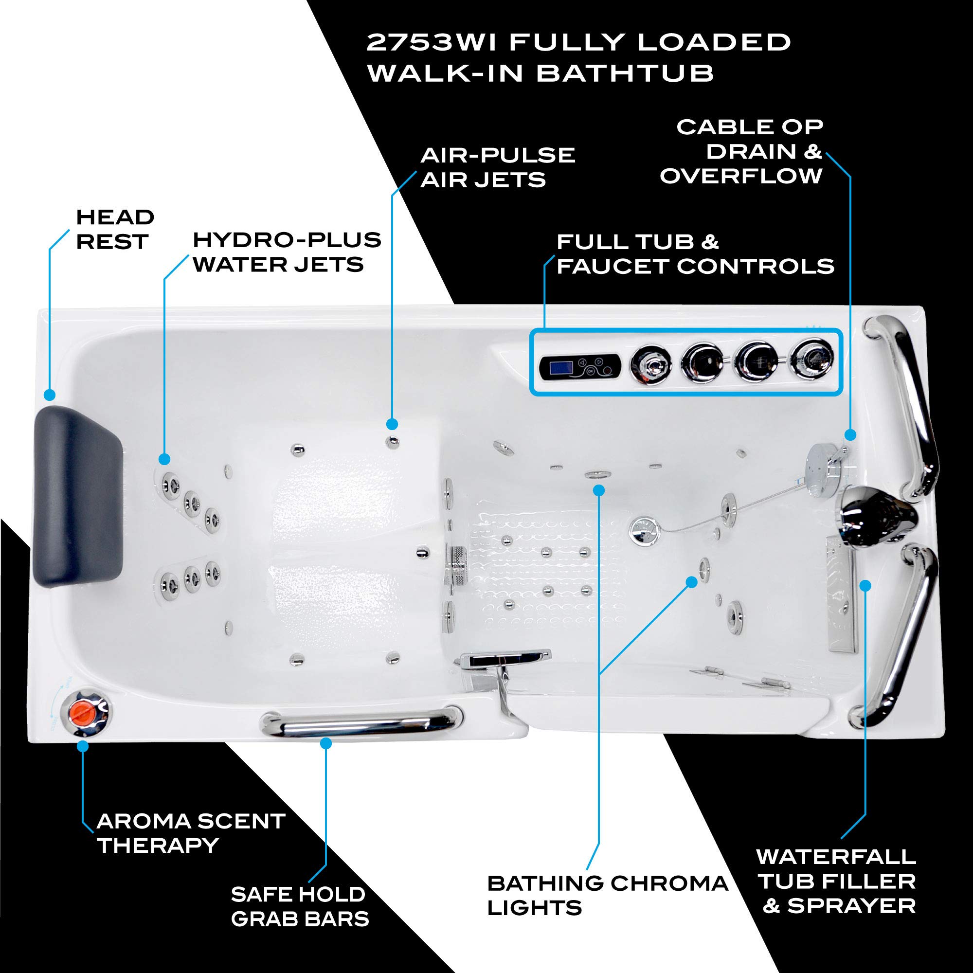 ANZZI Walk-in Bathtub 27'' x 53'' Left Drain Fully Loaded, Air Jets & Whirlpool Massage Jets, Hot Tub, Quick Fill, 6 Setting Handheld Shower Sprayer, Aromatherapy, Bath Pillow, LED Lights 2753FLWL