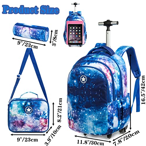 Oruiji Large Rolling Backpack for Boys Backpack with Lunch Box Pencil Case Galaxy Wheeled Backpack Carry on Luggage for Teen Boys