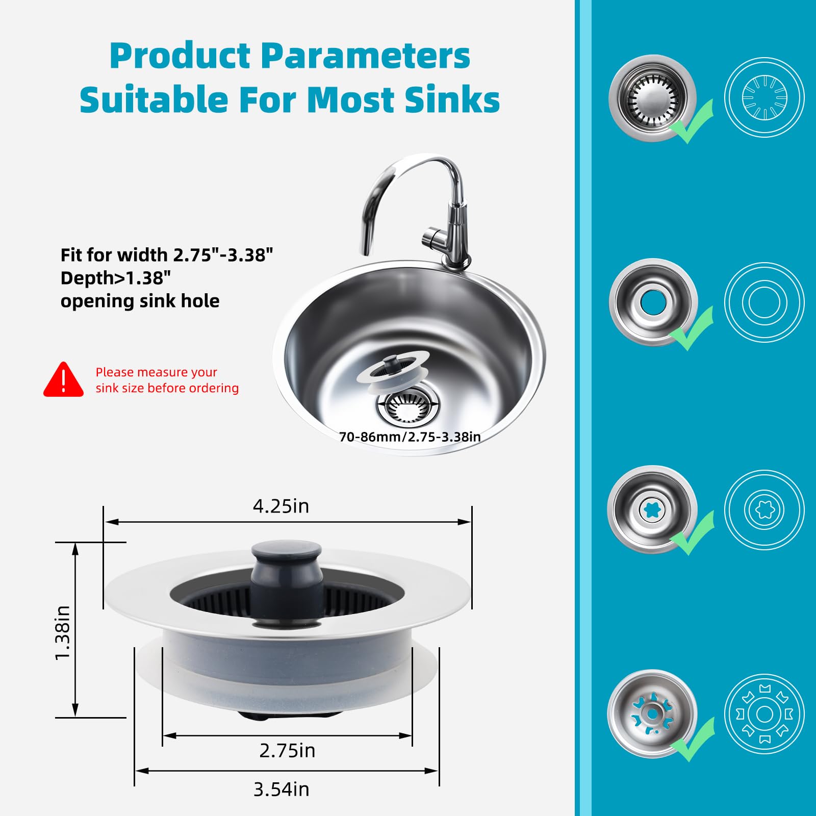 Hibbent 3 in 1 Kitchen Sink Drain Strainer, Stainless Steel Wrapped Shell Drain Stopper Combo, Pop Up Sink Stopper, Anti-Clogging Basket Strainer with Handle for US Standard 3-1/2" Drain