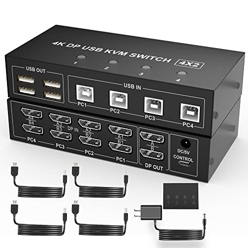 4 Port KVM Switch Dual Monitor Displayport 4K 60Hz, KVM Switch 2 Monitors 4 Computers with 4 USB 2.0 Hub, Dual Monitor Displayport KVM Switch Keyboard Mouse Switcher
