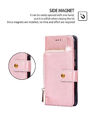 Arseaiy Case for Oppo Find X2 Pro Flip Phone Case PU Leather Zipper Pocket Wallet Case Cover with Card Holder Kickstand Shell Pink
