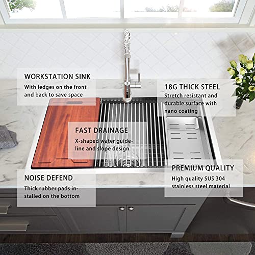 AGABOK 33 Inch Drop In Kitchen Sink, 33x22 Inch Topmount Workstation Sink with Ledge, 18 Gauge SUS304 Stainless Steel Kitchen Sink, 10 Inch Deep Handmade Single Bowl Kitchen Sinks with Accessories