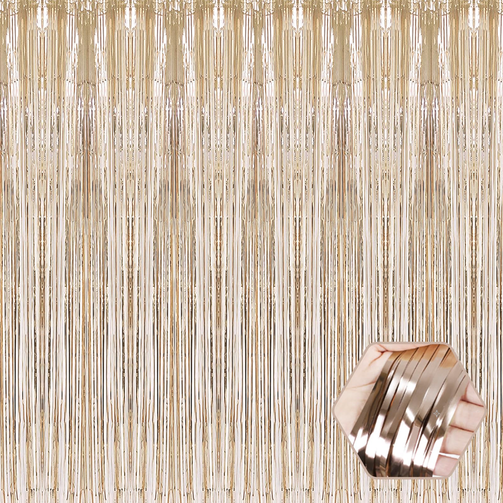 3 Pack Champagne Gold Foil Fringe Curtain Backdrop, 3.28Ft x 8.2Ft Metallic Tinsel Foil Fringe Streamer Curtains for Photo Booth, Valentine's Day, Wedding, Birthday, New Year Party Decorations