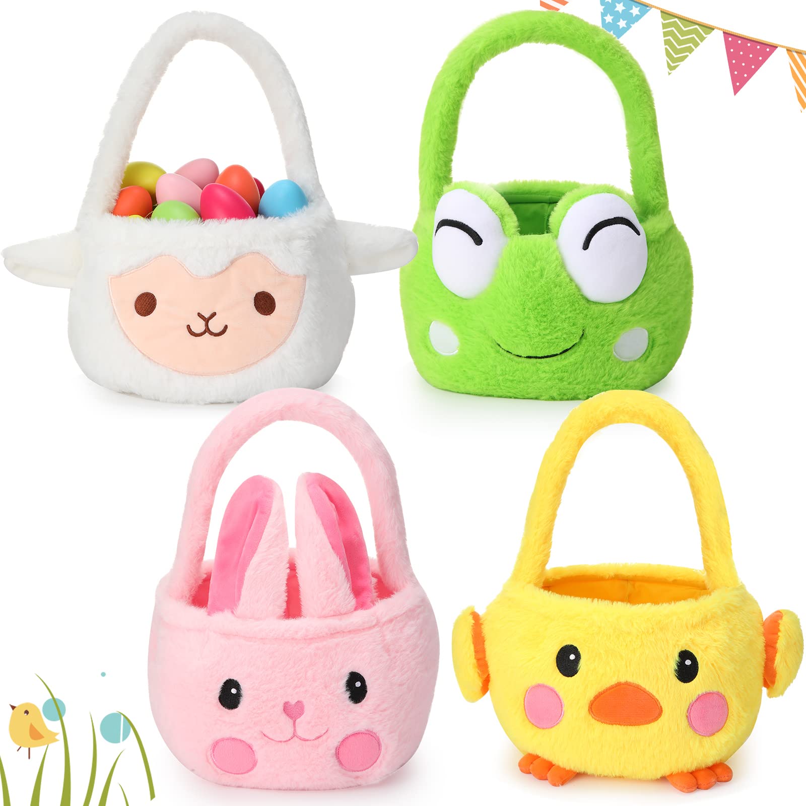 4 Pcs Easter Basket for Kids Plush Easter Bunny Chick Sheep Frog Basket Easter Egg Hunt Basket Bags with Handle for Easter Decorations Gifts Candy Toy Storage Cute Easter Gifts for Girls Boys