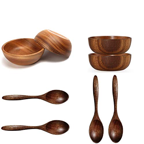 Acacia Wood Bowls Small Size for Handmade -Carved Dia 4"x 1.5 H Set of 4 Calabash Bowls (FREE 4 Wood Spoons)