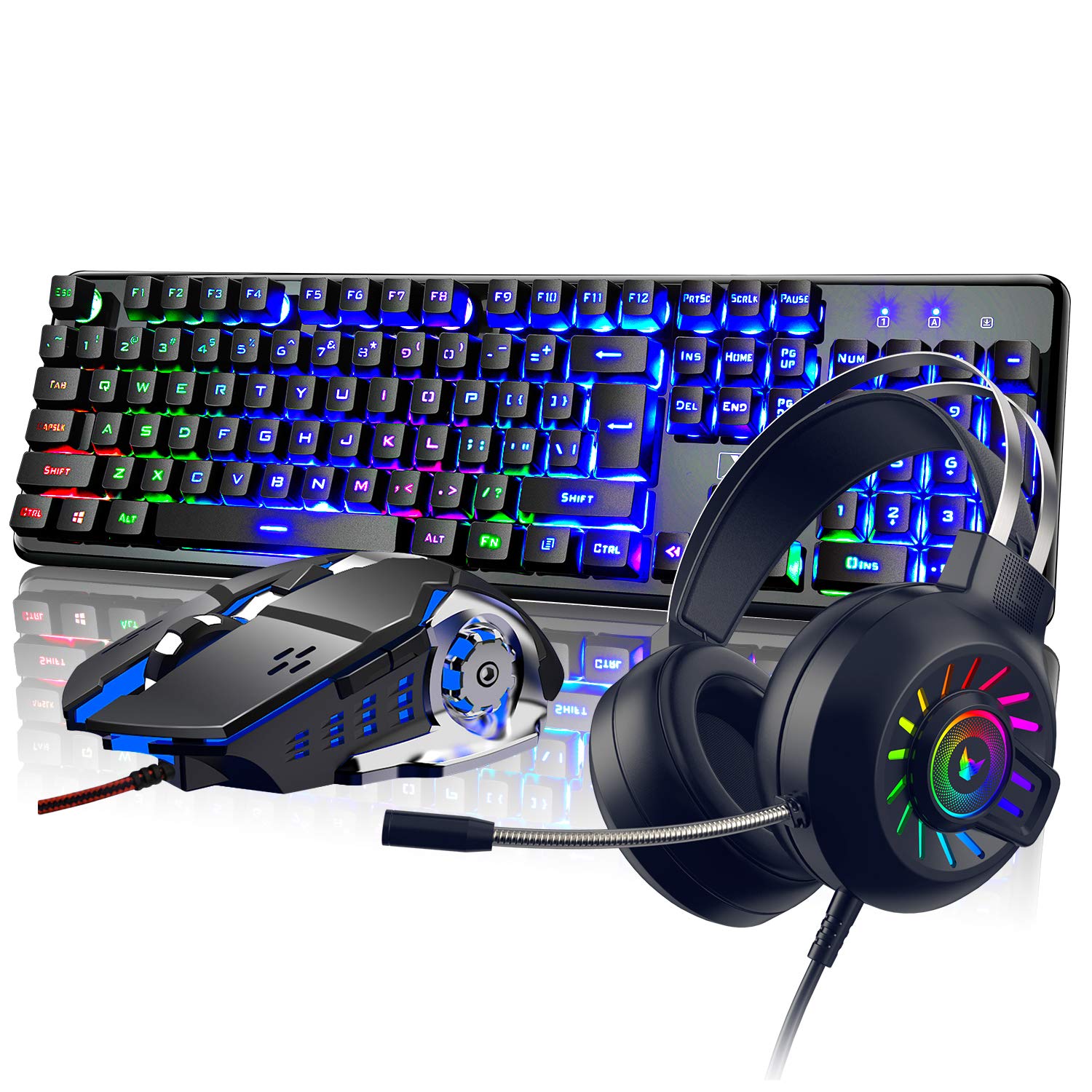 4-in-1 Gaming Keyboard Mouse Combo Wired Rainbow Backlit 104 Keys Ergonomic Gamer Black Keyboard + 2400DPI Adjust 6 Buttons USB Optical Game Mouse 3.5mm Gaming Stereo Headset for PC Laptop Computerā¦