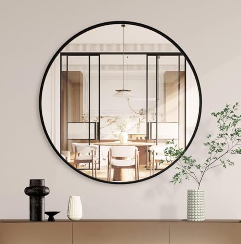 B&C 36 inch Round Mirror with 1-9/16" Matte Black Aluminum Frame, Black Metal Frame Circle Mirror, Circular Wall Mirror for Bathroom