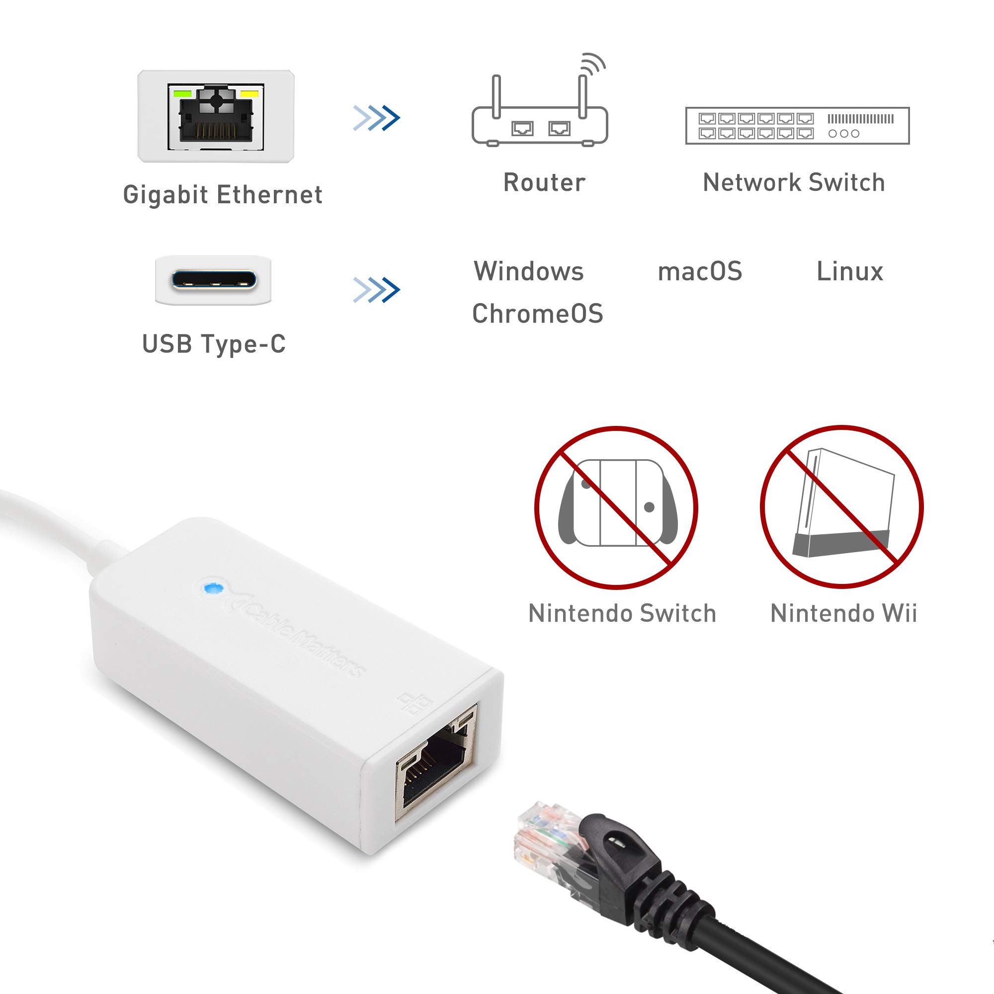 Cable Matters Plug & Play USB C to Ethernet Adapter with PXE, MAC Address Clone (Thunderbolt to Ethernet Adapter, Gigabit Ethernet to USB C) in White - Compatible with MacBook Pro, XPS, Surface Pro
