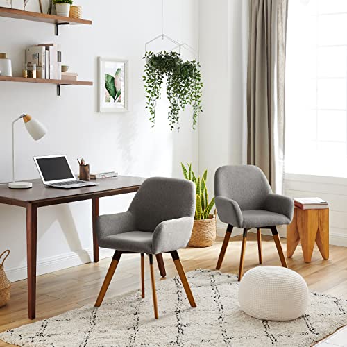 Art Leon Desk Chair No Wheels, Set of 2, Mid Century Modern Swivel Accent Chair, Linen Fabric Upholstered Office Chair Without Wheels, Solid Wood Legs, Gray