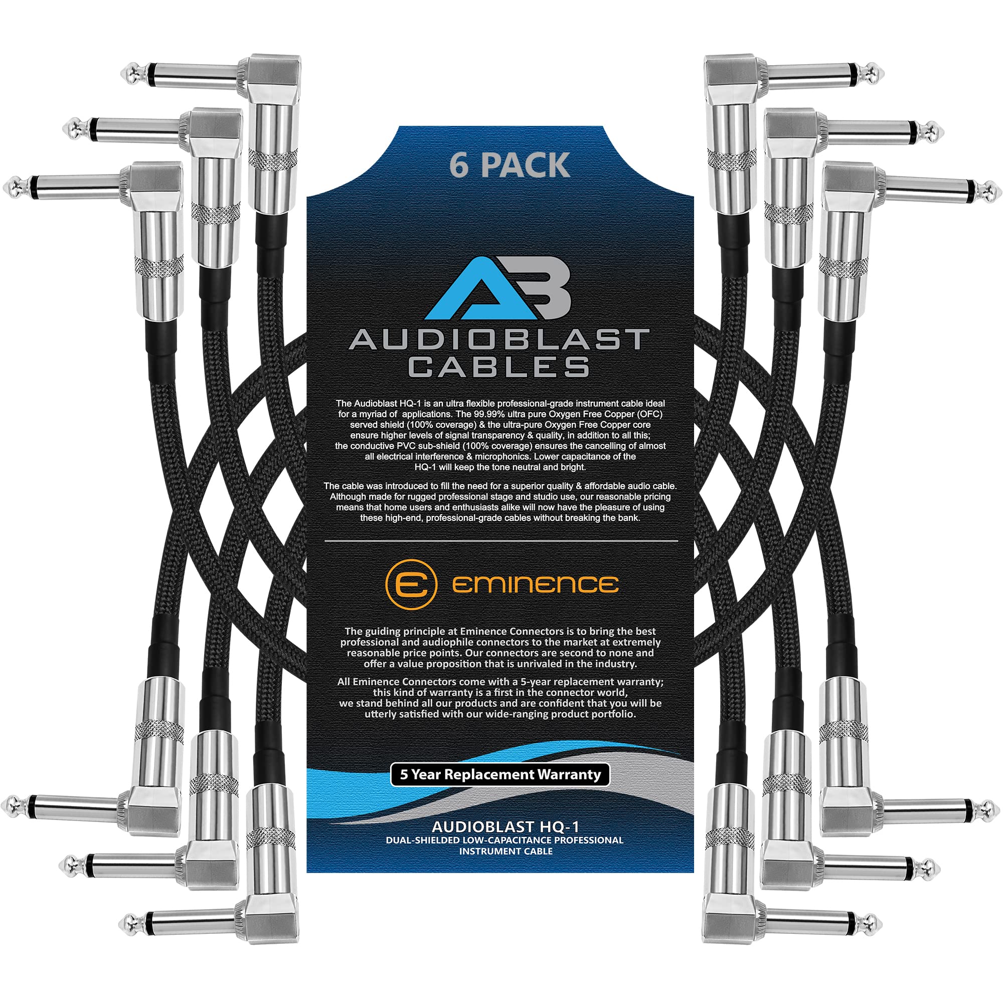 Audioblast - 6 Units - 1.5 Foot - HQ-1 - Ultra Flexible - Dual Shielded (100%) - Guitar Instrument Effects Pedal Patch Cable w/Eminence Right-Angled ¼ inch (6.35mm) TS Plugs & Double Staggered Boots