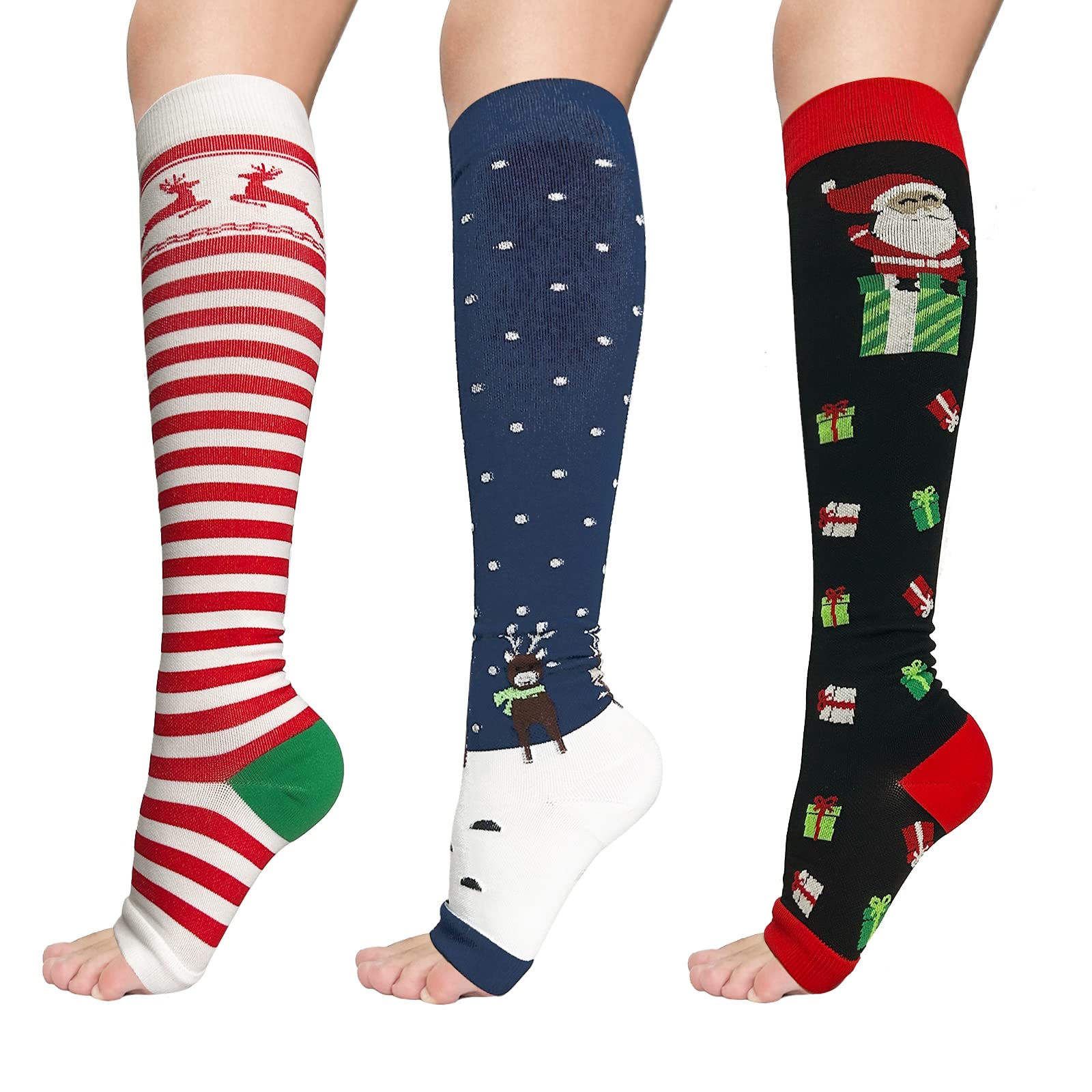 3 Pairs Toeless Christmas Compression Socks for Women & Men Knee High Open Toe Compression Stockings 20-30 mmHg