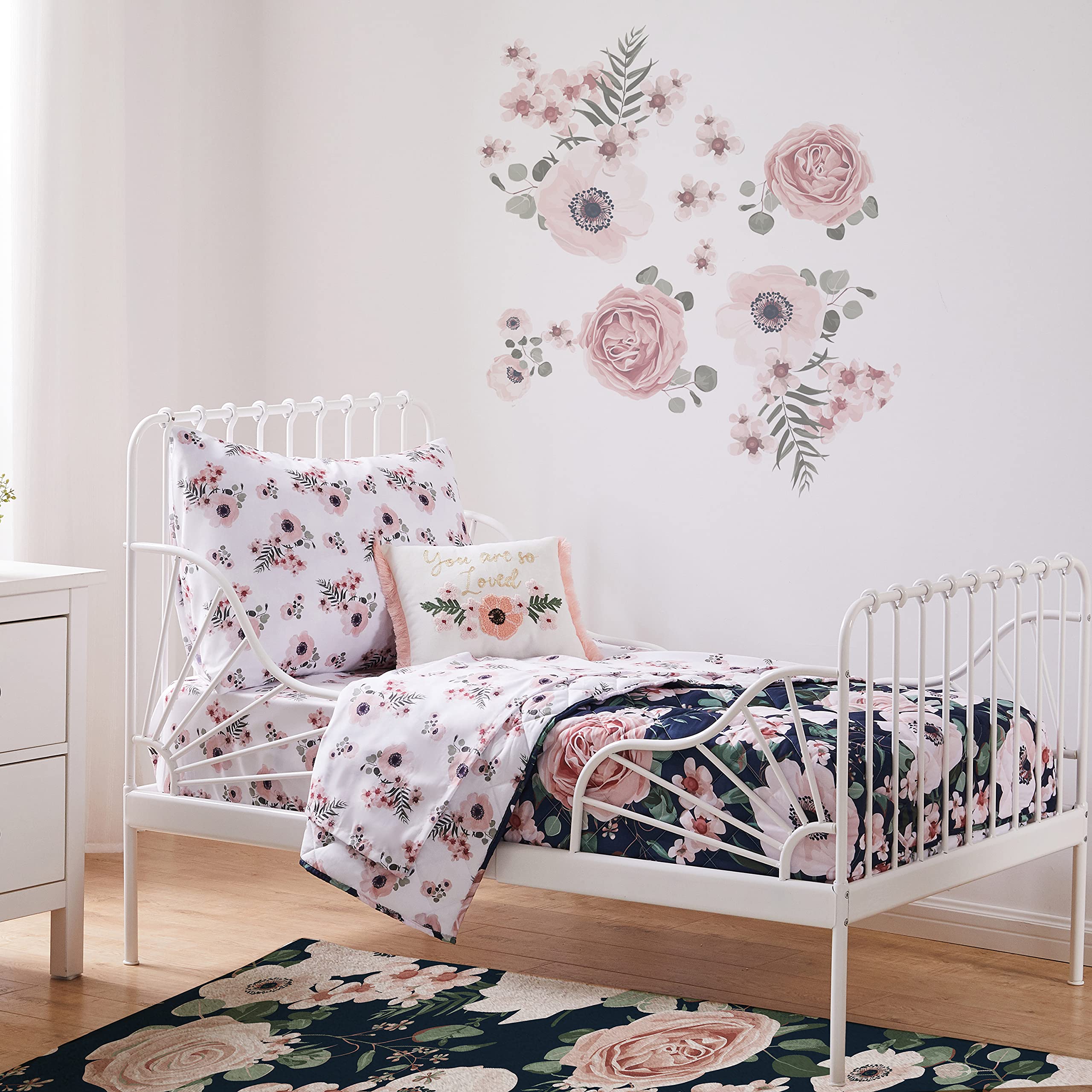 Levtex Baby - Fiori Toddler Bed Set - Black, Blush, Pink, White - Bold Floral - 5 Piece Set Includes Reversible Quilt, Fitted Sheet, Flat Sheet, Pillow Case, Decorative Pilow