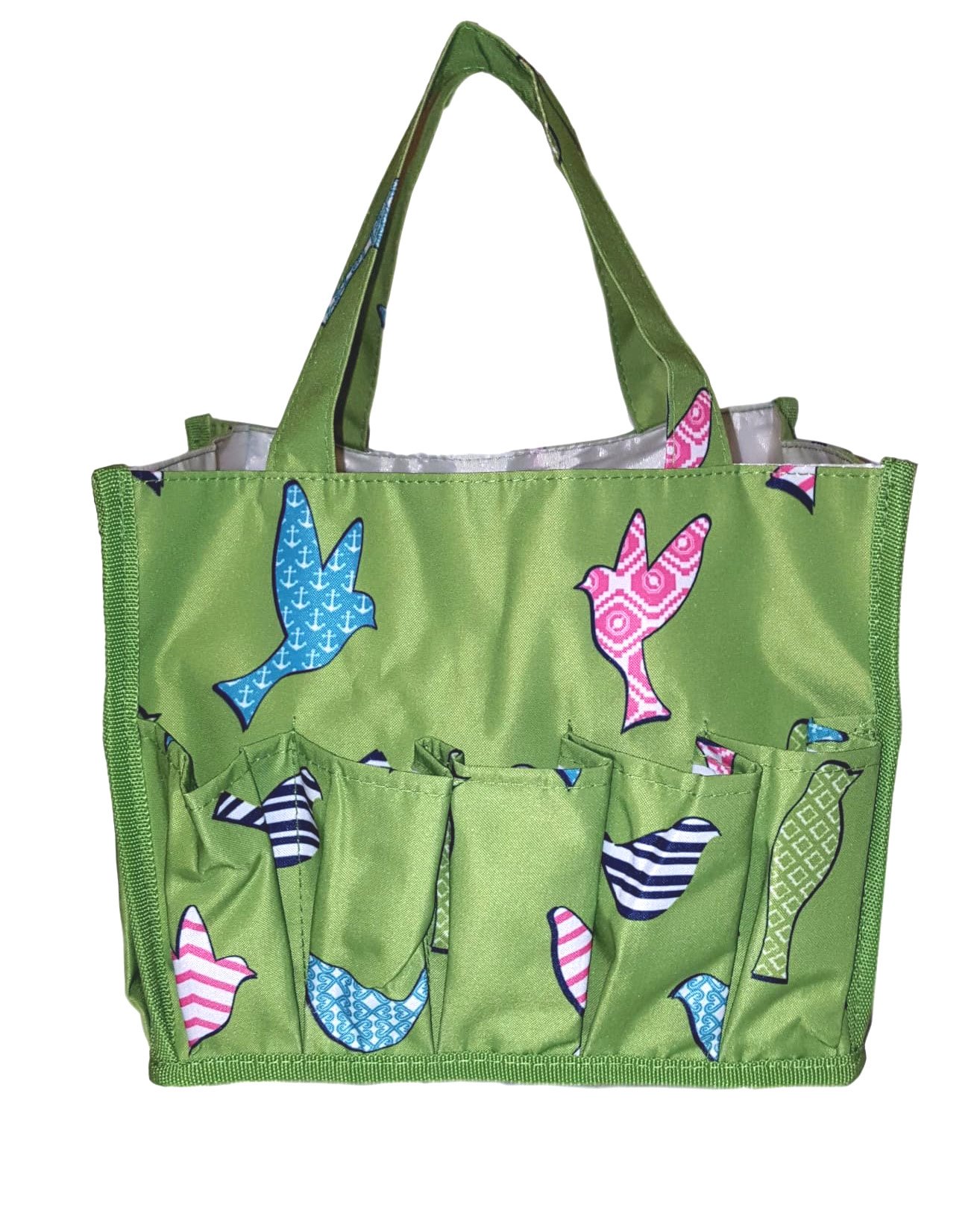 SONA G DESIGNS Small Fashion Organizing Tote Bag - 12 Outside Pockets Bingo Cosmetics Crafts Yarn Crochet Projects - Green Bird