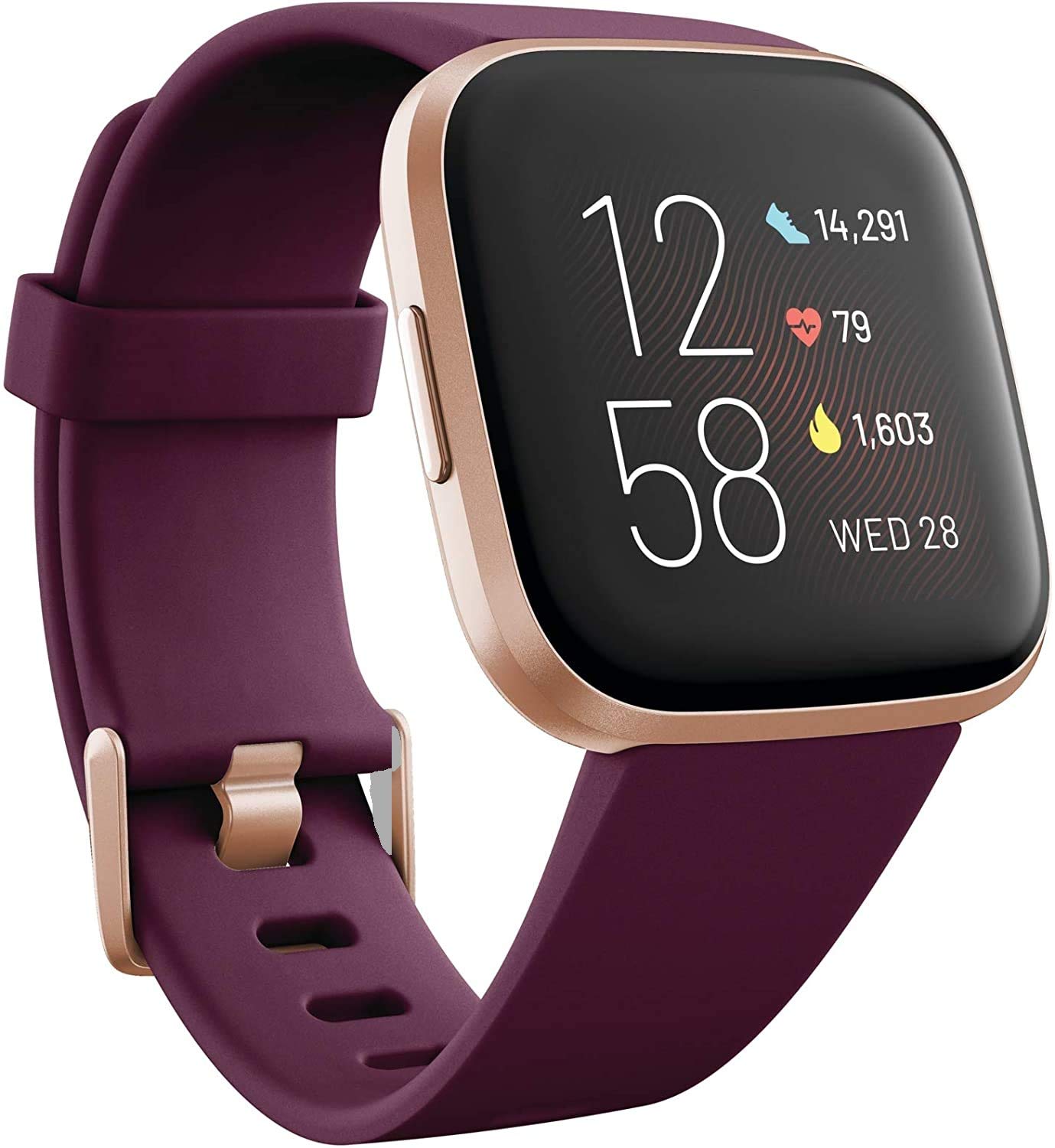 Fitbit Versa 2 Health and Fitness Smartwatch with Heart Rate, Music, Alexa Built-in, Sleep and Swim Tracking, Bordeaux/Copper Rose, One Size (S and L Bands Included) (Renewed)