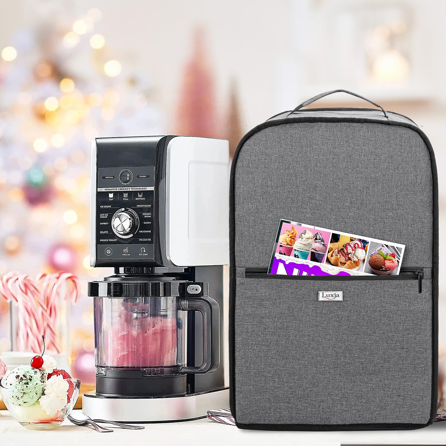LUXJA Dust Cover Fits for Ninja CREAMi NC501, NC301, NC299AMZ, Ice Cream Maker Dust Cover Compatible for Ninja Ice Cream Maker Machine with Accessories Pockets, Gray