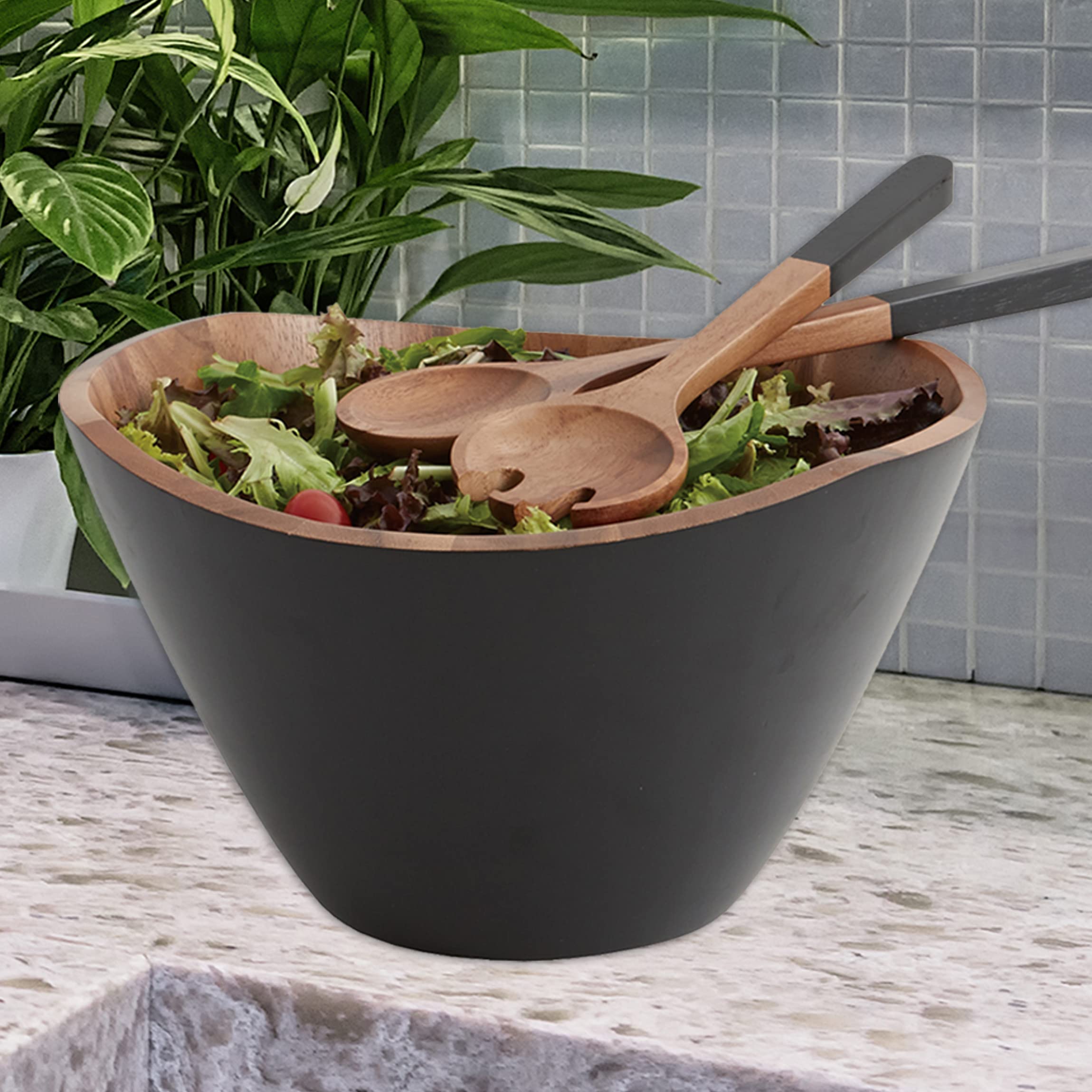 Acacia Wood Salad Serving Bowl 12” with Servers 3 Piece Set by Woodard & Charles