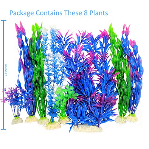 Otterly Pets Plastic Plants for Fish Tank Decorations Large Artificial Aquarium Decor and Accessories (Blue and Purple 8-Pack)
