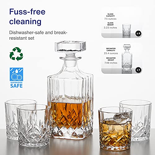 GoodGlassware Whiskey Decanter and Glasses (5 Piece Set) – Elegant Liquor Carafe with Ornate Solid Glass Stopper and 4 Matching Whisky Tumblers - Lead-Free and Dishwasher Safe Transparent