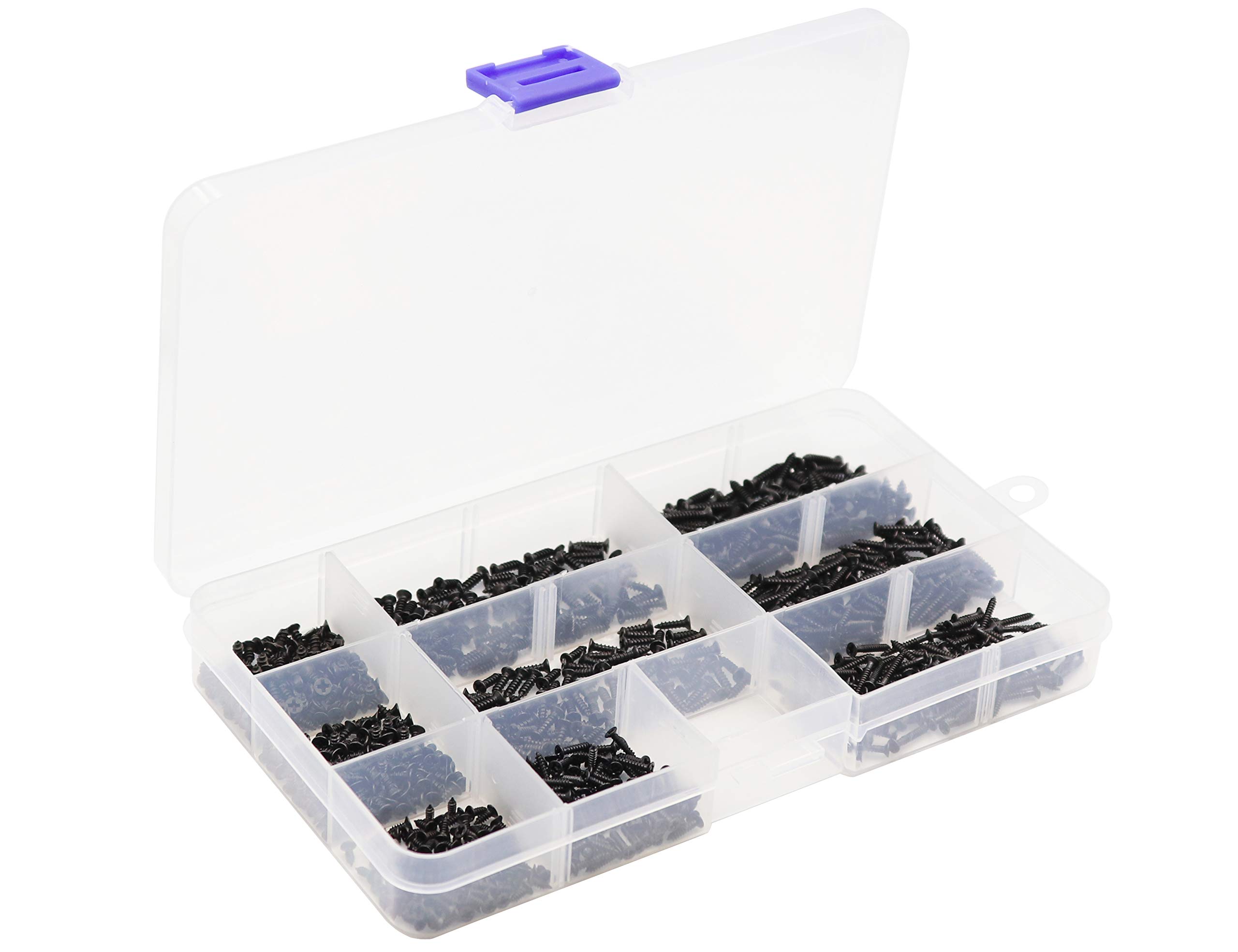 LBY 900pcs M1.7 M2 M2.3 x 5mm / 8mm/ 12mm Flat Head Self-Tapping Sheetmetal Screw Assortment Kit Mini Wood Screws 9 Sizes Combination Carbon Steel Black