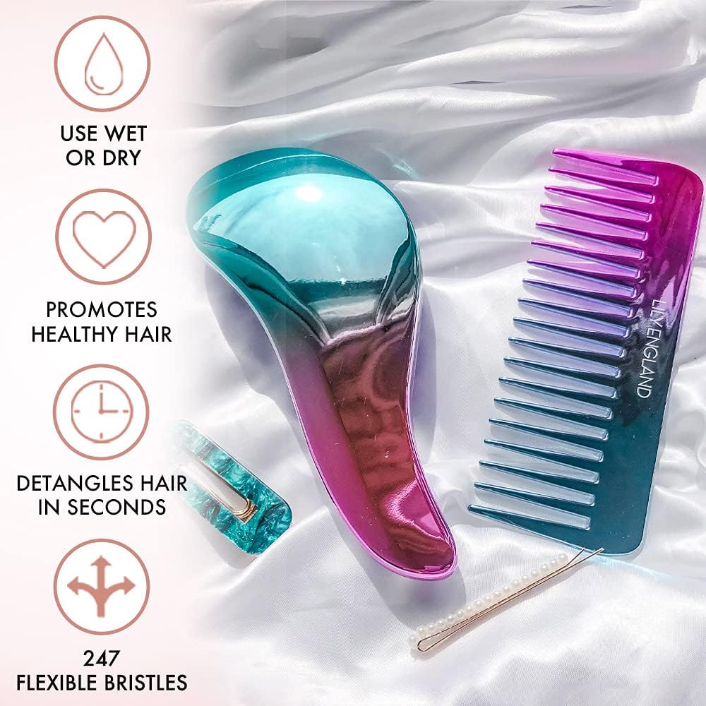 Lily England Detangler Brush & Comb Set - Lightweight Wide Tooth Detangling Tool for Women & Kids - Smooths Curly, Straight, Dry, Fine, & Thick Hair, Purple