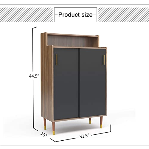 Alohappy Shoe Cabinet, 4-Tier Shoe Rack Storage Organizer with Sliding Doors & Wood Legs, Modern Shoe Storage Cabinet with Opening Shelf for Hallway Entryway Living Room Bathroom (Walnut& Black)