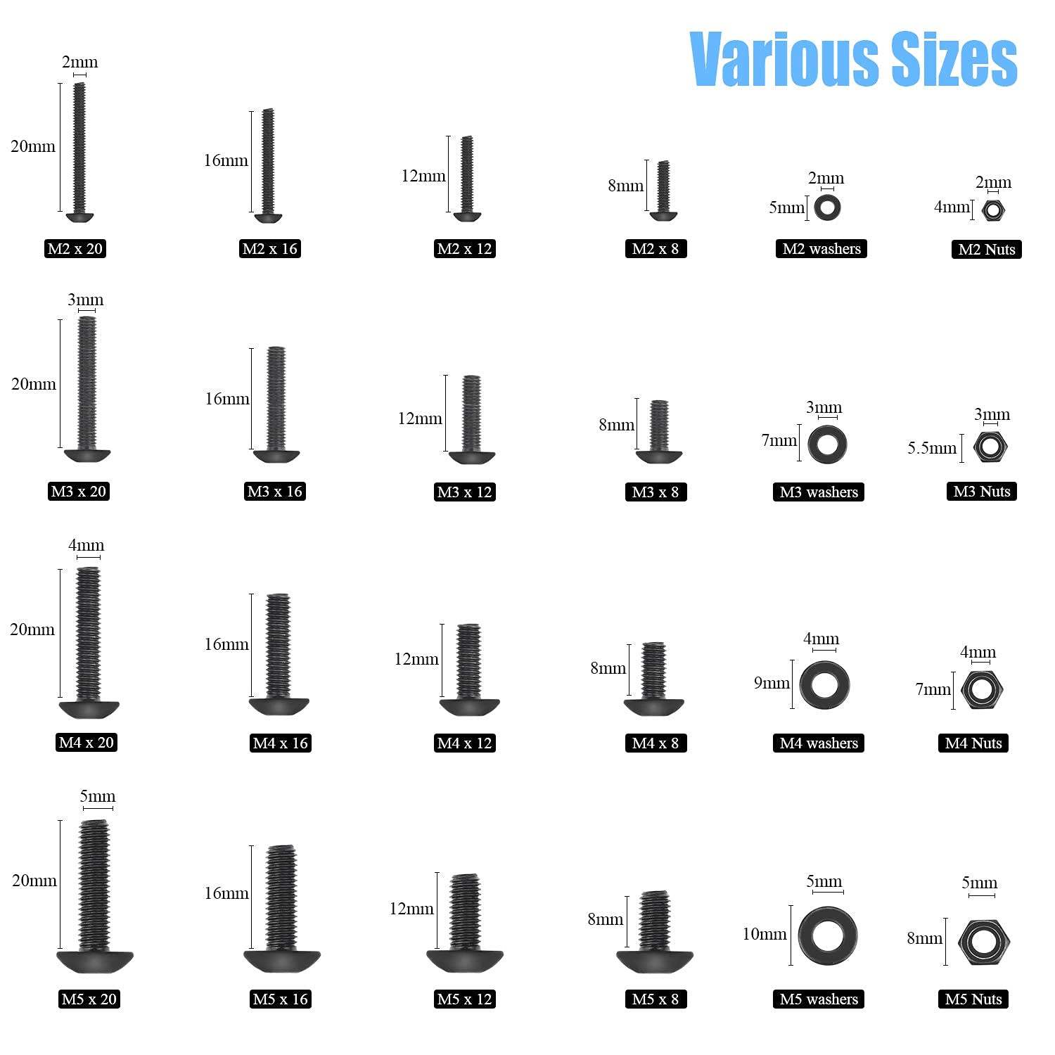 DYWISHKEY 1220 Pieces M2 M3 M4 M5, 10.9 Grade Alloy Steel Hex Button Head Cap Bolts Screws Nuts Washers Assortment Kit with Hex Wrenches