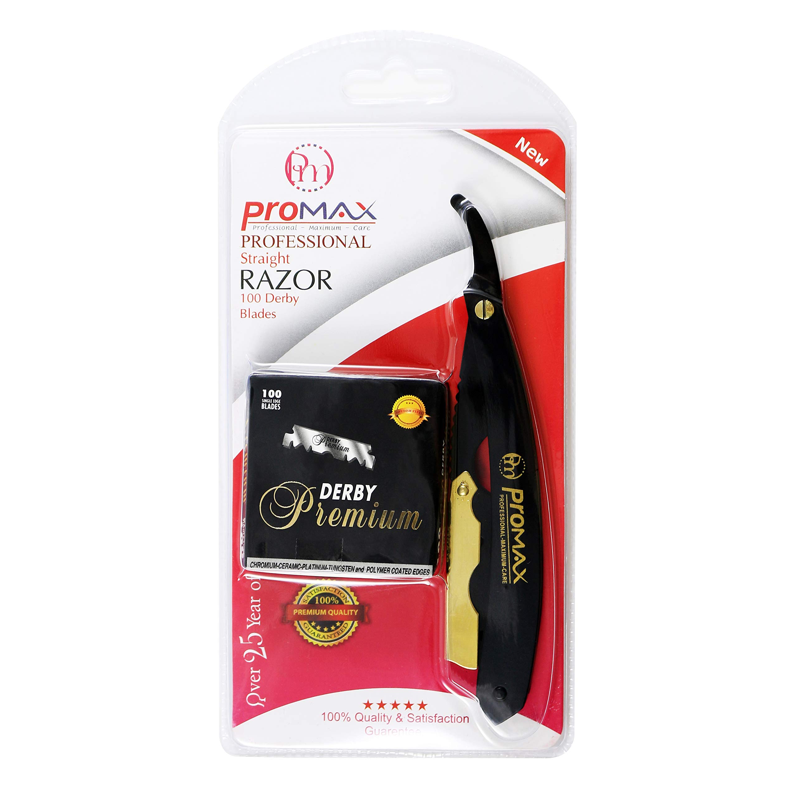 Professional Barber Straight Edge Razor - Salon Quality Cut Throat Shavette, Straight Razor Blade for Barber, Matte Black Straight Razor-160-10048PHBG- (Plain Handle Black And Gold)