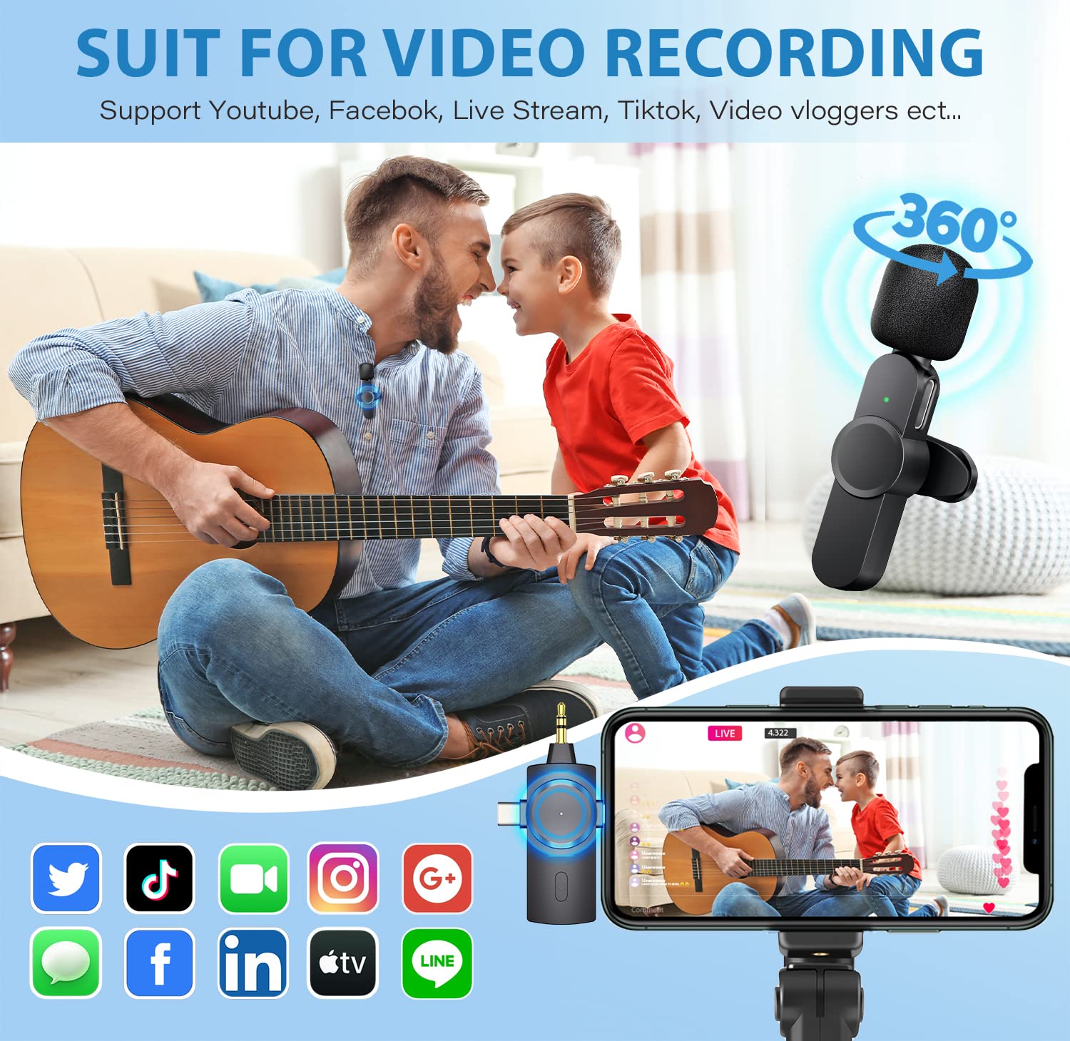AIKELA Wireless Microphone for iPhone/Android/Camera/PC, Mini Wireless Lavalier Lapel Mic for Recording YouTube Facebook TikTok, Vlog, Interview Video, Live Stream,Plug-Play, and Noise Reduction
