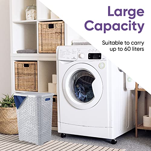 Superio Laundry Hamper with Lid 60 Liter Ivory (2 Pack) Plastic Wicker Large Hampers Basket with Cutout Handles, Deluxe Bin to Storage Dirty Cloths in Washroom Bathroom