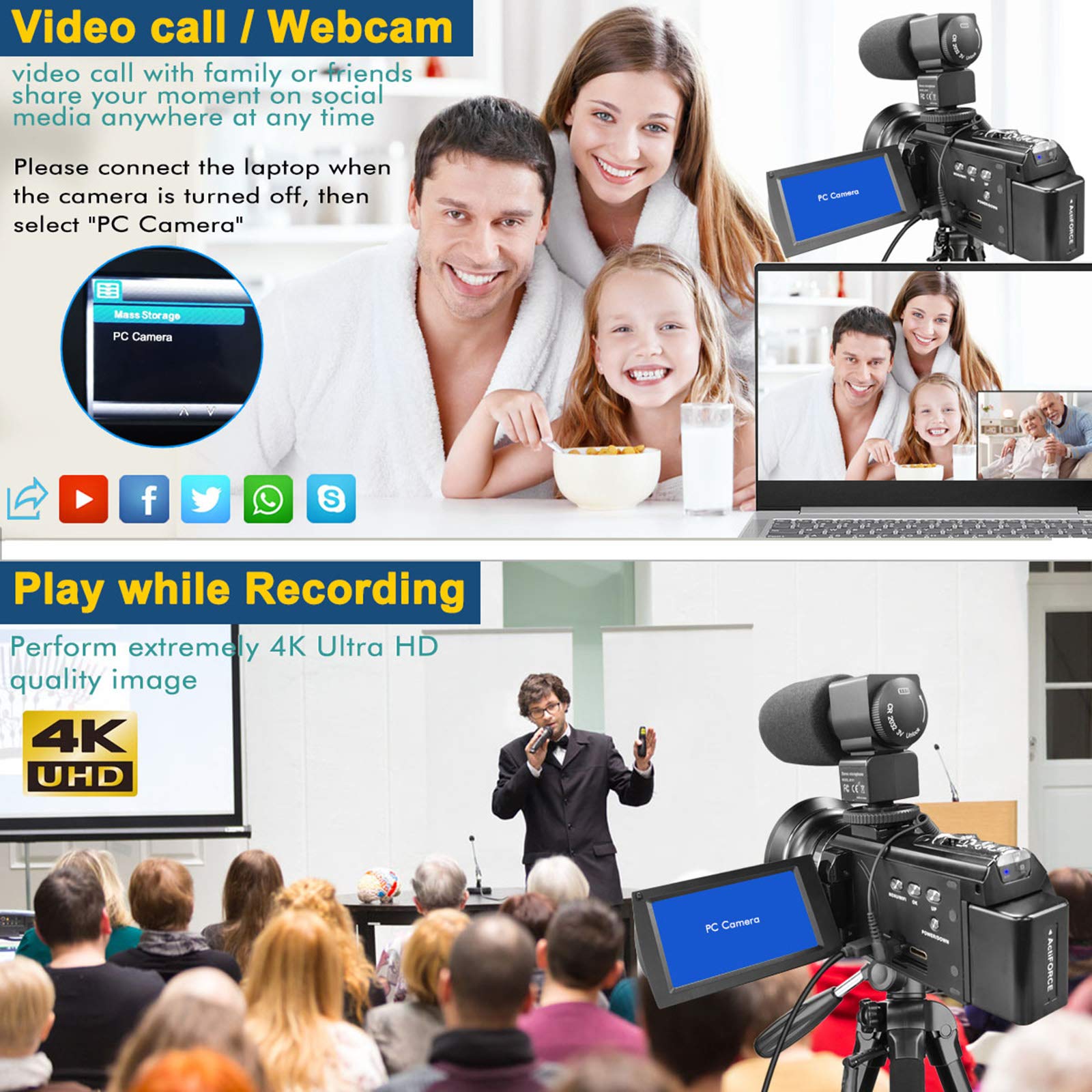 4K Camcorder Video Camera Rosdeca Ultra HD 48.0MP WiFi Digital Camera IR Night Vision 3.0" IPS Touch Screen 16X Digital Zoom with External Microphone, Wide Angle Lens, 2 Batteries and Memory Card