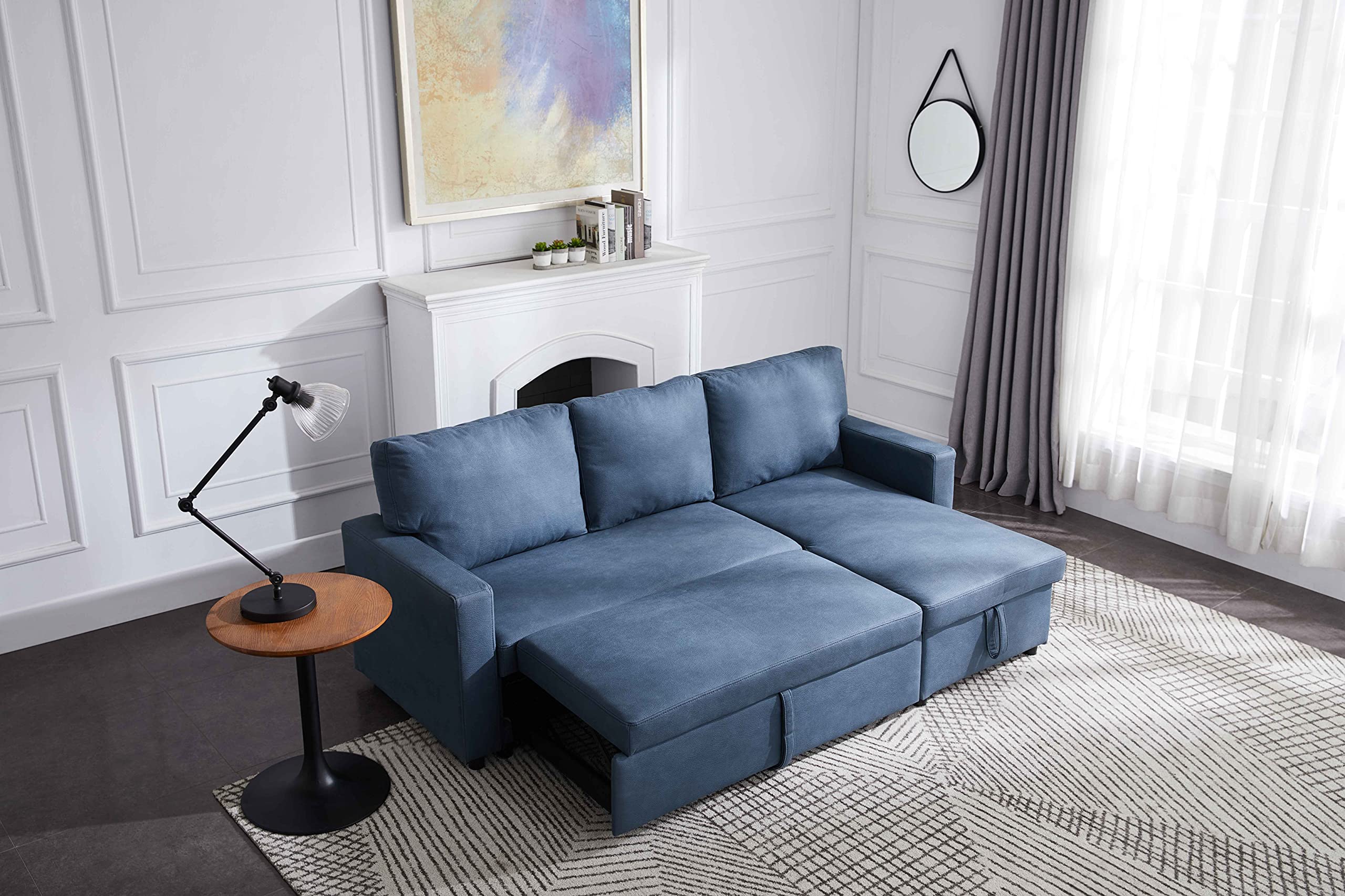 ATY Reversible Sectional Sleeper Sofa with Storage Chaise, L Shape Couch with Pull-Out Bed, Living Room Furniture, 85", Blue