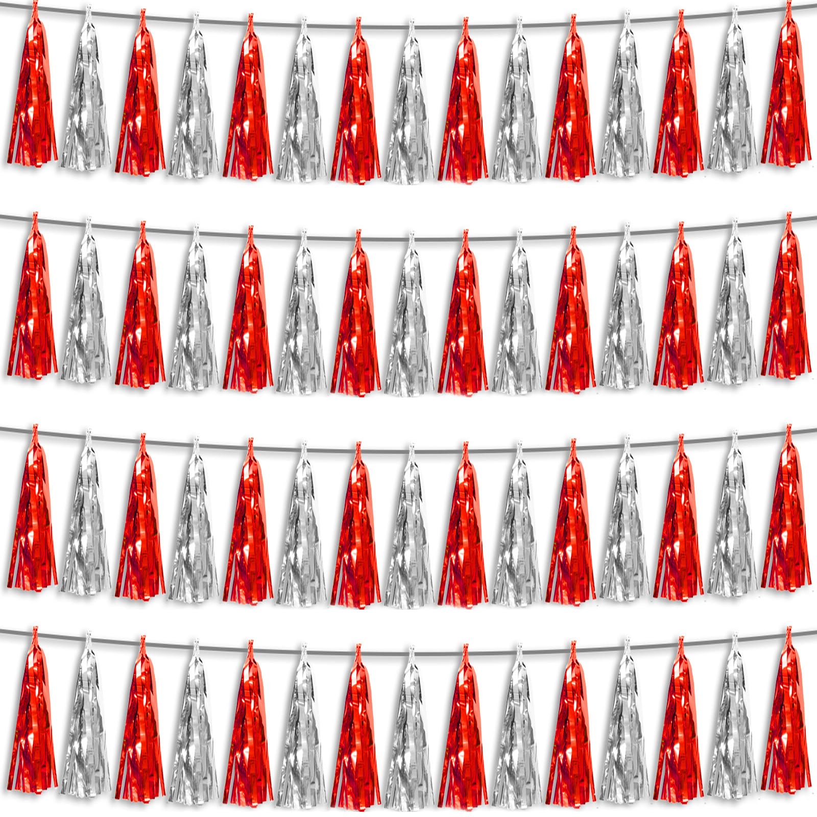 4P Red Silver Foil Fringe Metallic Tassel Streamers Banner Tassel Garland for Parade Floats, Graduation, Wedding, Birthday, Halloween, Christmas, Bridal/Baby Shower Party Decorations