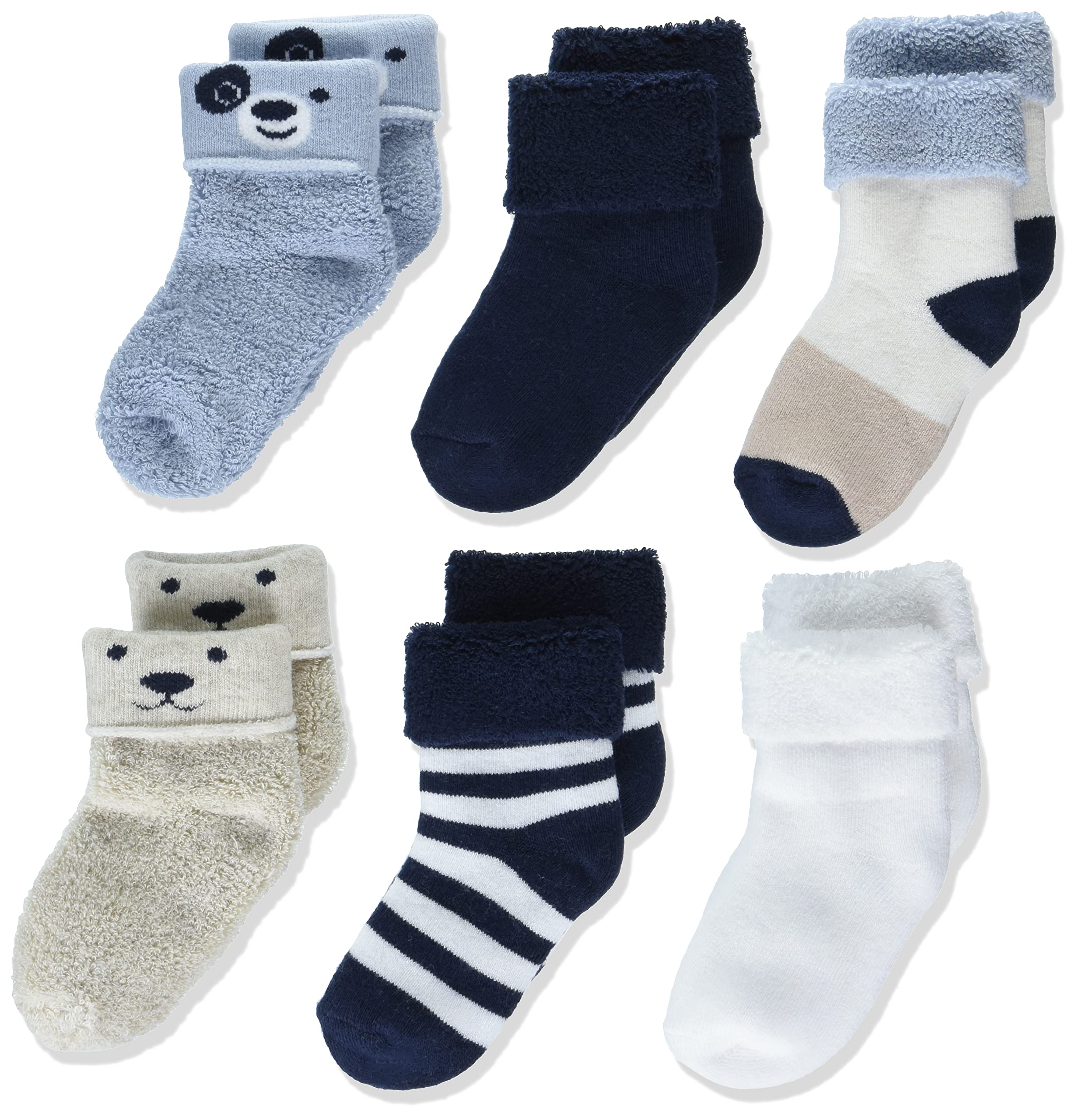 Amazon Essentials Unisex Babies' Cozy Cotton Turn Cuff Socks, 6 Pairs, Blue/Navy/Stripe, 0-6 Months