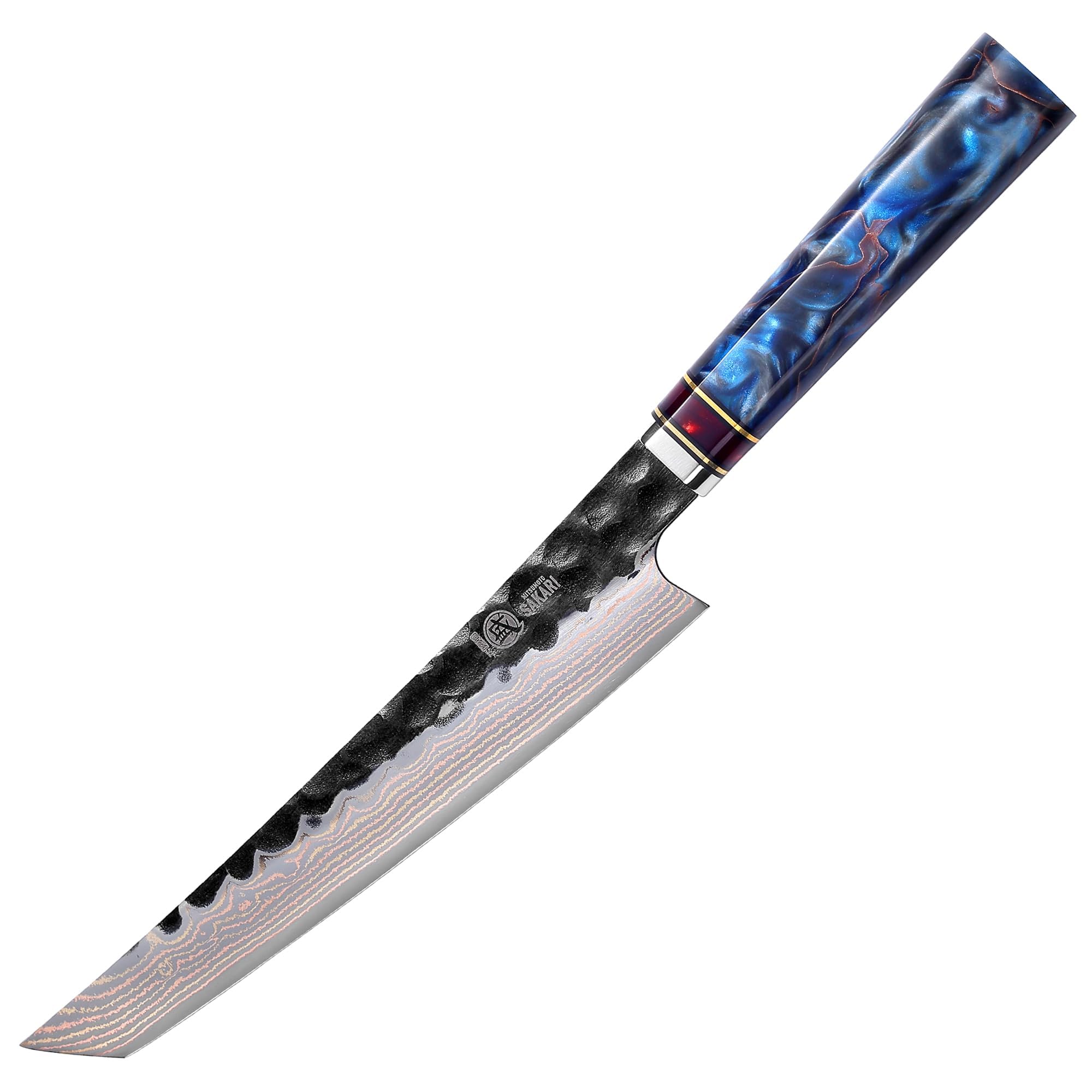 MITSUMOTO SAKARI 8 inch Japanese Kiritsuke Chef Knife, Hand Forged VG-10 Damascus Kitchen Knife, Professional Meat Sushi Chef’s Knife (Blue Resin Handle & Sandalwood Box)