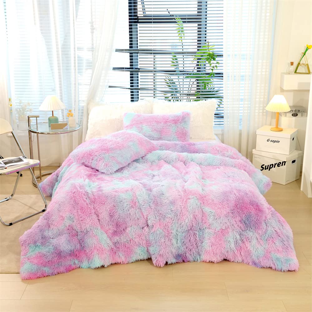 Roscloud Faux Fur Kids Girls Purple Rainbow Comforter Sets Twin/Full - 3PC Bed Set Warm Comfortable Soft Plush Flannel Velvet Fluffy Fuzzy Bedding(Comforter x 1 Pillowcases x 2)