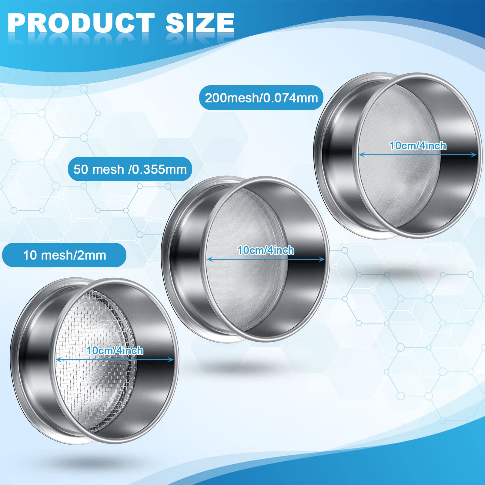 3 Pcs 304 Stainless Lab Sieves 4 Inch Diameter Test Sieve 200 Mesh 0.074 Mm, 50 Mesh 0.355 Mm, 10 Mesh 2 mm Aperture Mesh Sieve for Industrial Laboratory Sifting
