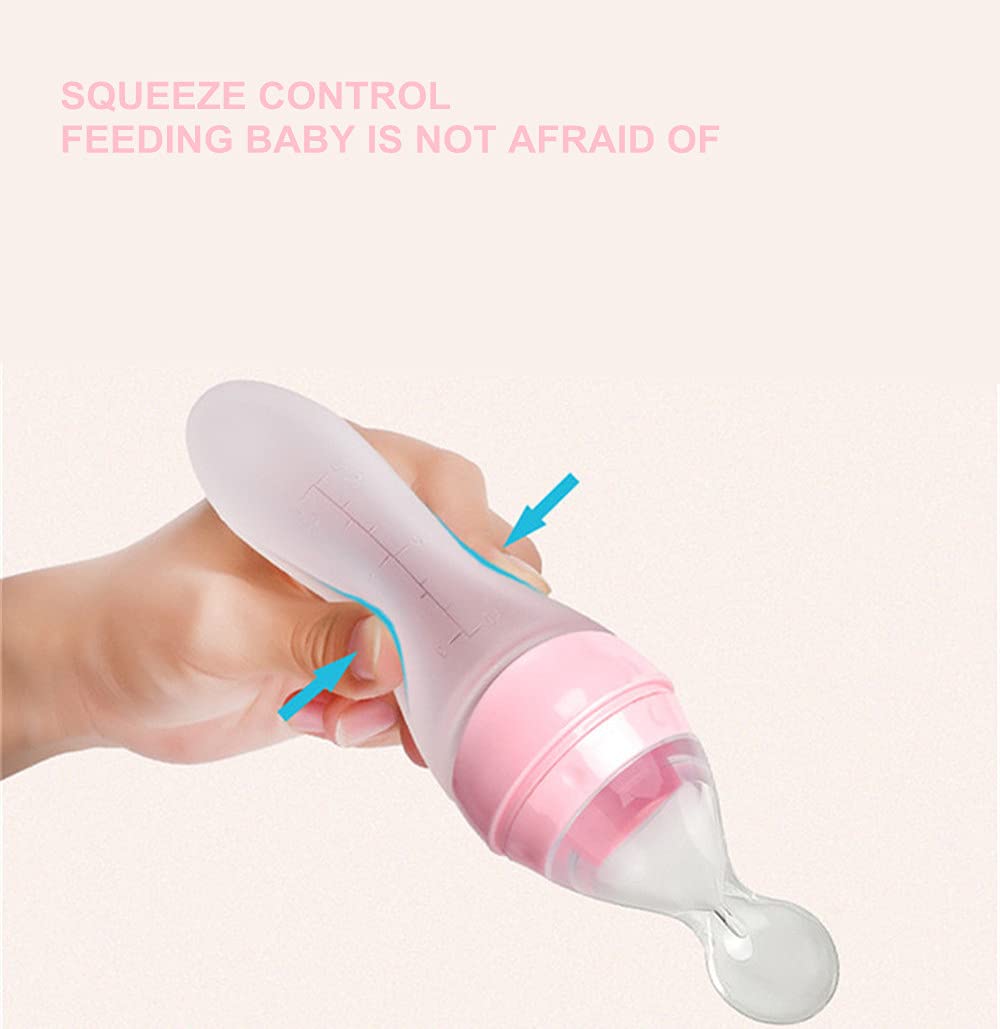 Gaodear Baby Food Feeder,Cartoon Silicone Squeeze Feeding Bottle with Dispenser Spoon for Babies Infant (Pink, 3oz/90ml)