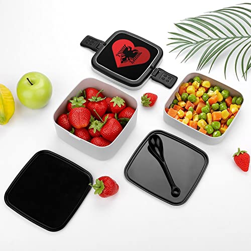 Albania Flat Heart Flag Lunch Box Portable Double-Layer Bento Box Large Capacity Lunch Container Food Container with Spoon