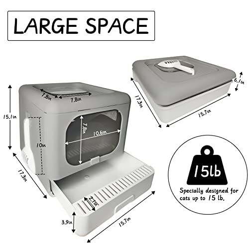 Fhiny Foldable Cat Litter Box with Lid, Enclosed Drawer Kitty Litter Pan Front and Top Entry Door Cat Potty with Plastic Scoop Anti-Splashing No Smell Easy to Scoop