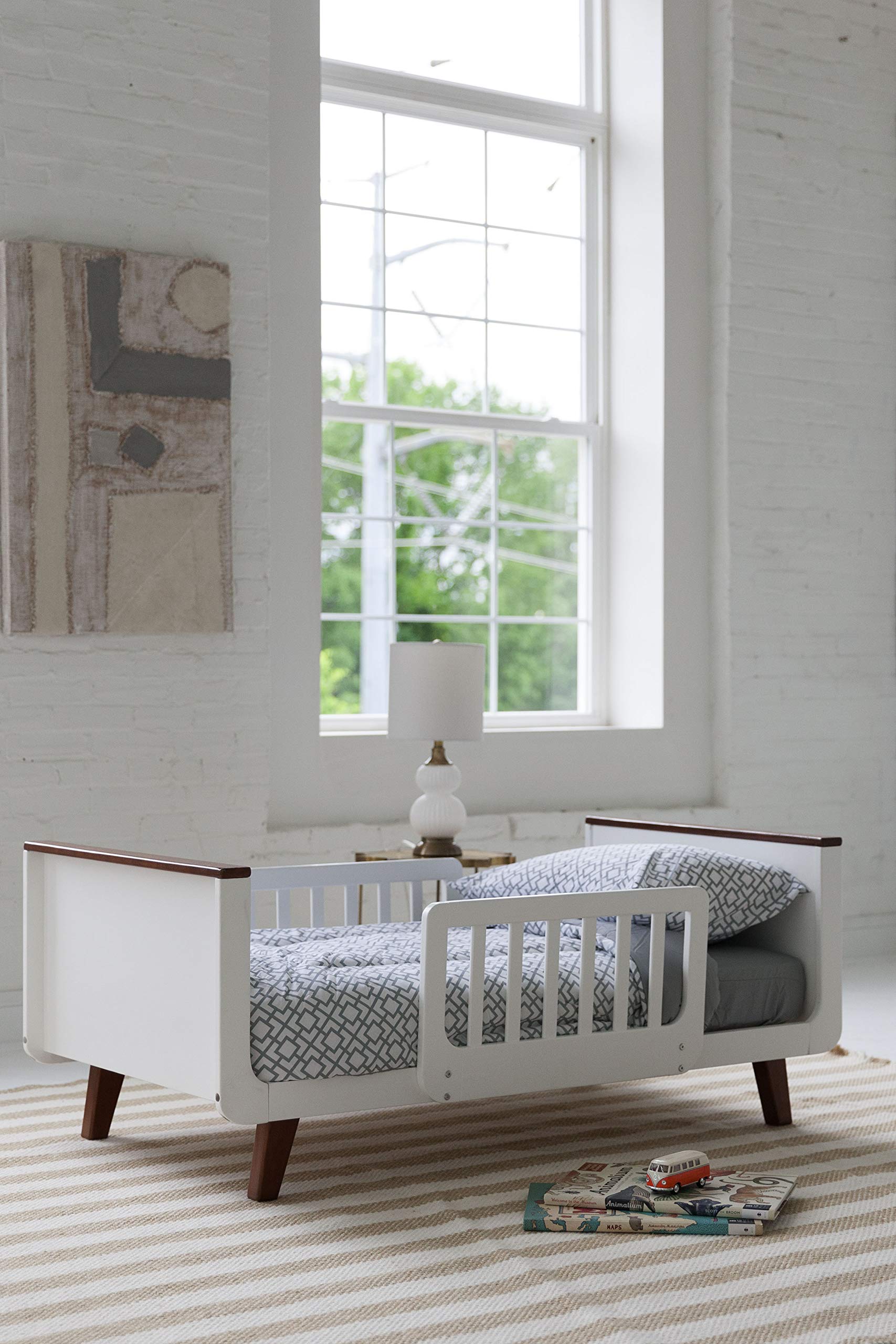Little Partners MOD Kids Bed - Solid Wood Classic Design Transitional Toddler Bed with Rails for Children's Bedroom with Two Safety Guards, Low-to-Ground Profile (White/Espresso)