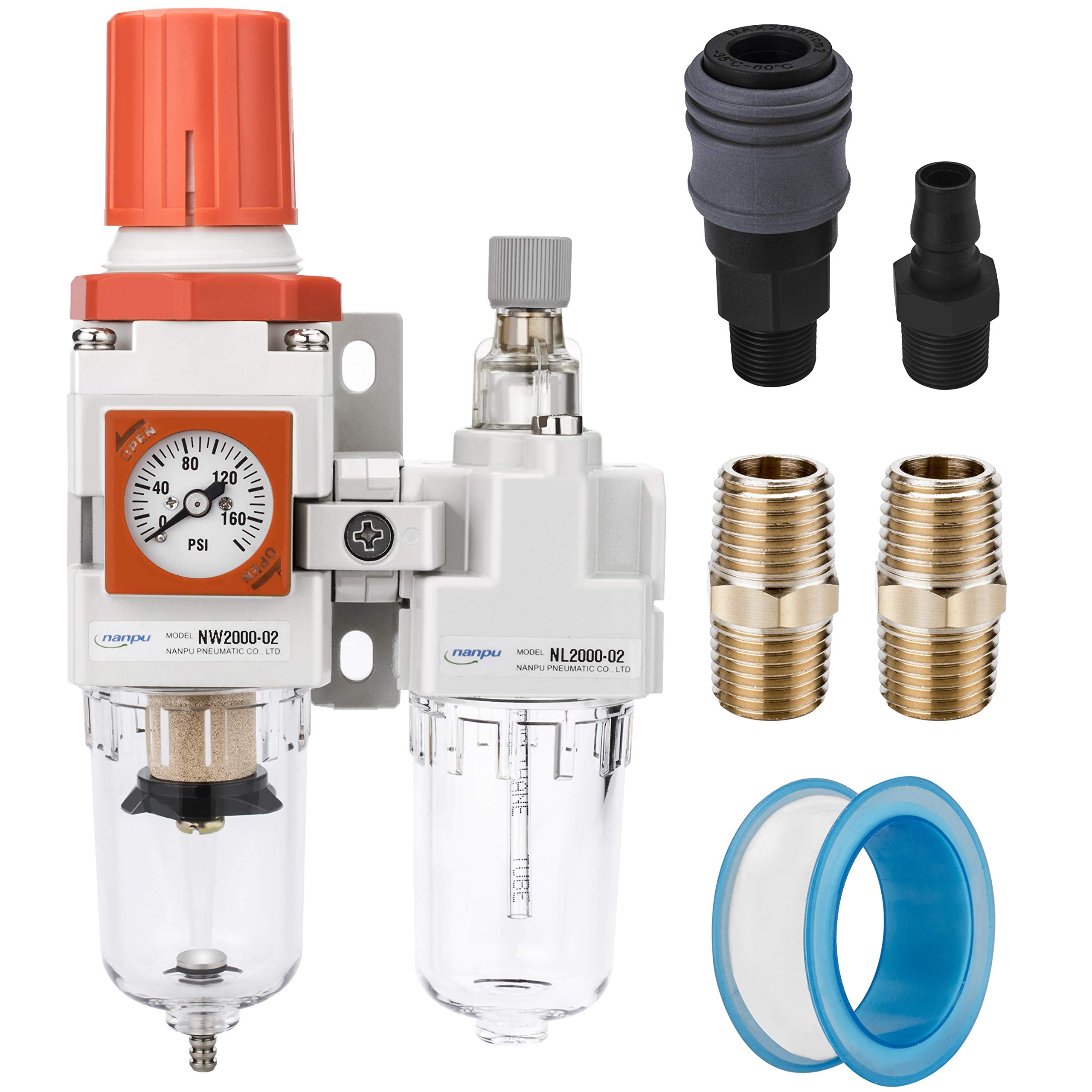NANPU 1/4" NPT Embedded Gauge Compressed Air Filter, Regulator&Lubricator Combo Water/Oil Trap Separator - 0-180 psi Gauge, Semi-Auto Drain, Poly Bowl, Metal Bracket - 3 in 1 Two Unit