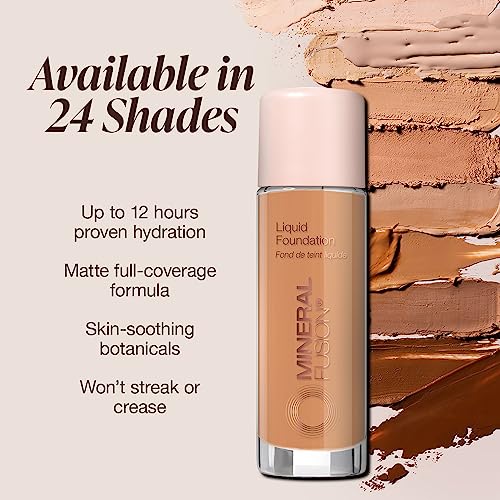 Mineral Fusion Full Coverage Foundation, Liquid Foundation - Olive 3- Medium Complexion w/Olive/Green Undertones, Lightweight Matte Finish, Up to 12 Hr Hydration, Hypoallergenic & Vegan, 1 fl. oz