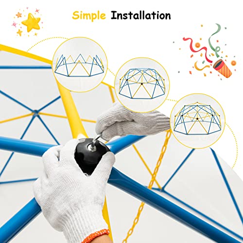 GLACER 10 FT Climbing Dome, Indoor & Outdoor Geometric Dome Climber with Swing, 800 lbs Weight Capacity, Easy Assembly Playground Jungle Gym for Kids Aged 3-10 Years Old, Blue + Yellow
