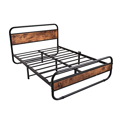 Albearing Queen Size Bed Frame with Wooden Headboard and Footboard, Heavy Duty Oval-Shaped Platform Bed with Under-Bed Storage, Steel Slats Mattress Foundation Round Pipe Design,Brown