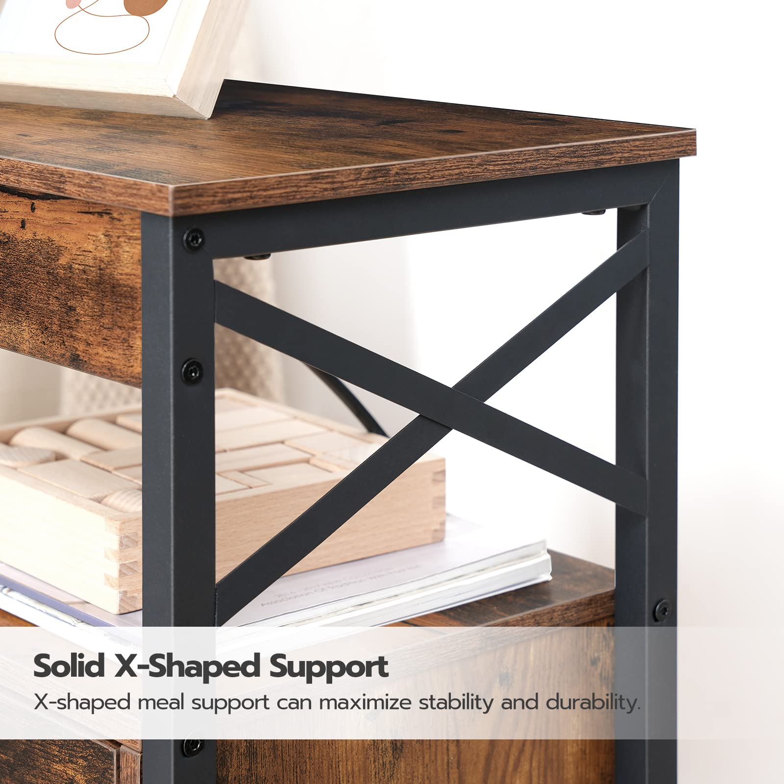 HOOBRO Nightstand with Charging Station, End Table with 2 Drawer, Sofa Side Table with USB Port, Multi-Level Storage Space, for Bedroom, Adjustable Feet, Stable, Rustic Brown and Black BF138UBZ01