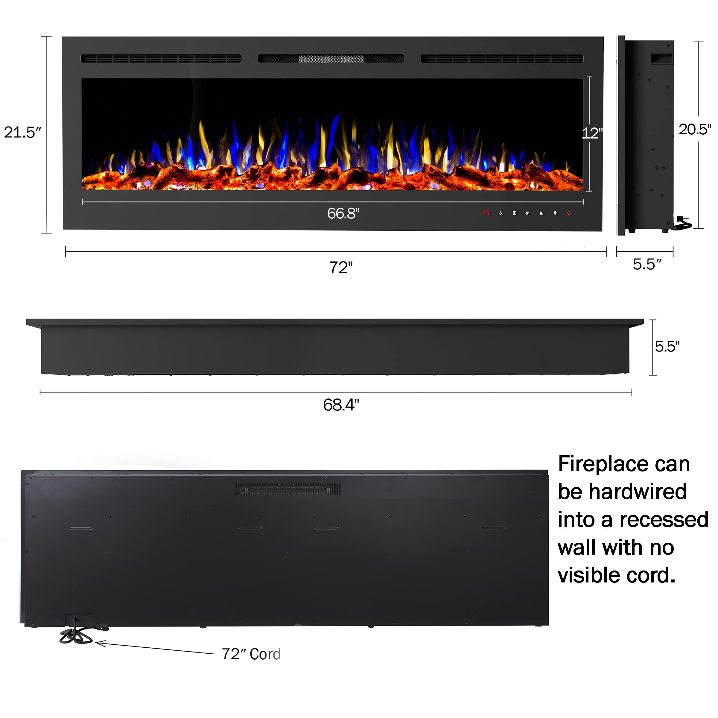72β Electric Fireplace-Front Vent, Wall Mount or Recessed-3 Color LED Flame, 10 Fuel Bed Colors & 3 Media-Touch Screen & Remote Control by Lavish Home