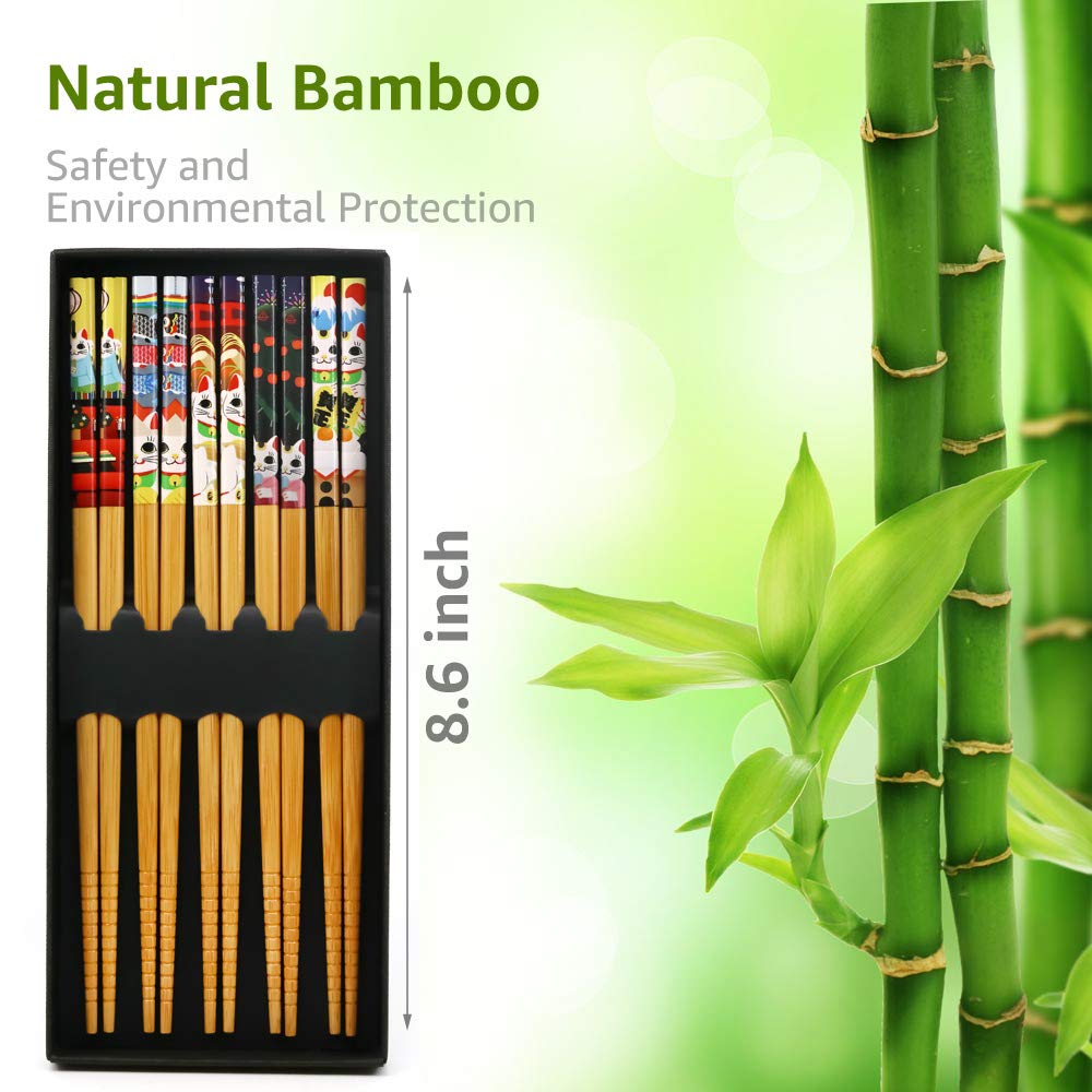 5 Pairs Chopsticks and Chopstick Rest Set, Cute Lucky Cat Chopsticks Holder 6 Cats, Chopsticks Holder Gift Set, Classic Japanese Style Bamboo Natural Reusable Chopsticks, Dishwasher - Safe