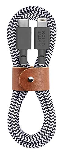 Native Union Belt Cable USB-C to Lightning - 4ft Ultra-Strong Reinforced Charging Cable with Leather Strap [MFi Certified] Compatible with iPhone 14, iPhone 13 and Earlier (Zebra)