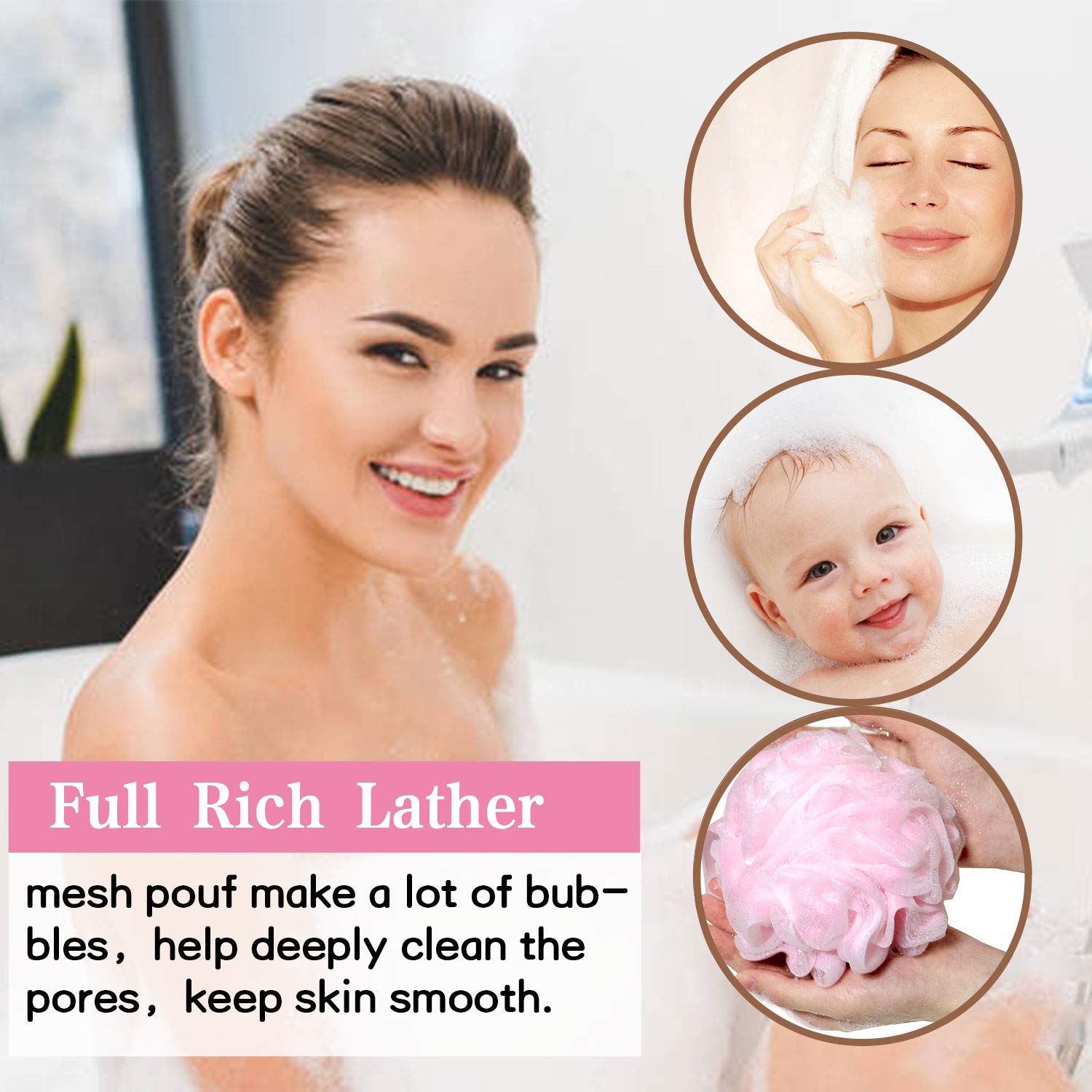 5 Pack Bath Sponge Shower Loofahs Poufs Large Soft Body Scrubber Exfoliating for Silky Skin Mesh Poufs for Men and Women 65g/Pcs (Pink Large)