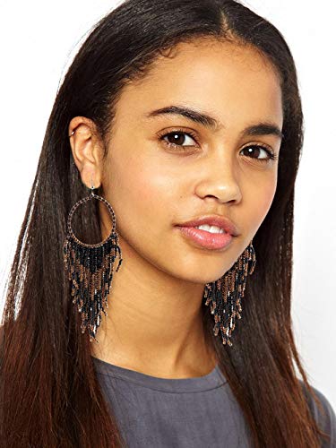 4-6 Pairs Long Beaded Tassel Dangle Earrings Handmade Bohemian Multicolor Statement Seed Beads Drop Earrings for Women (A)